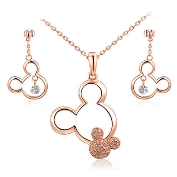 Jewelry | Gold Mickey Mouse Crystal Necklace Earring Set | Poshmark